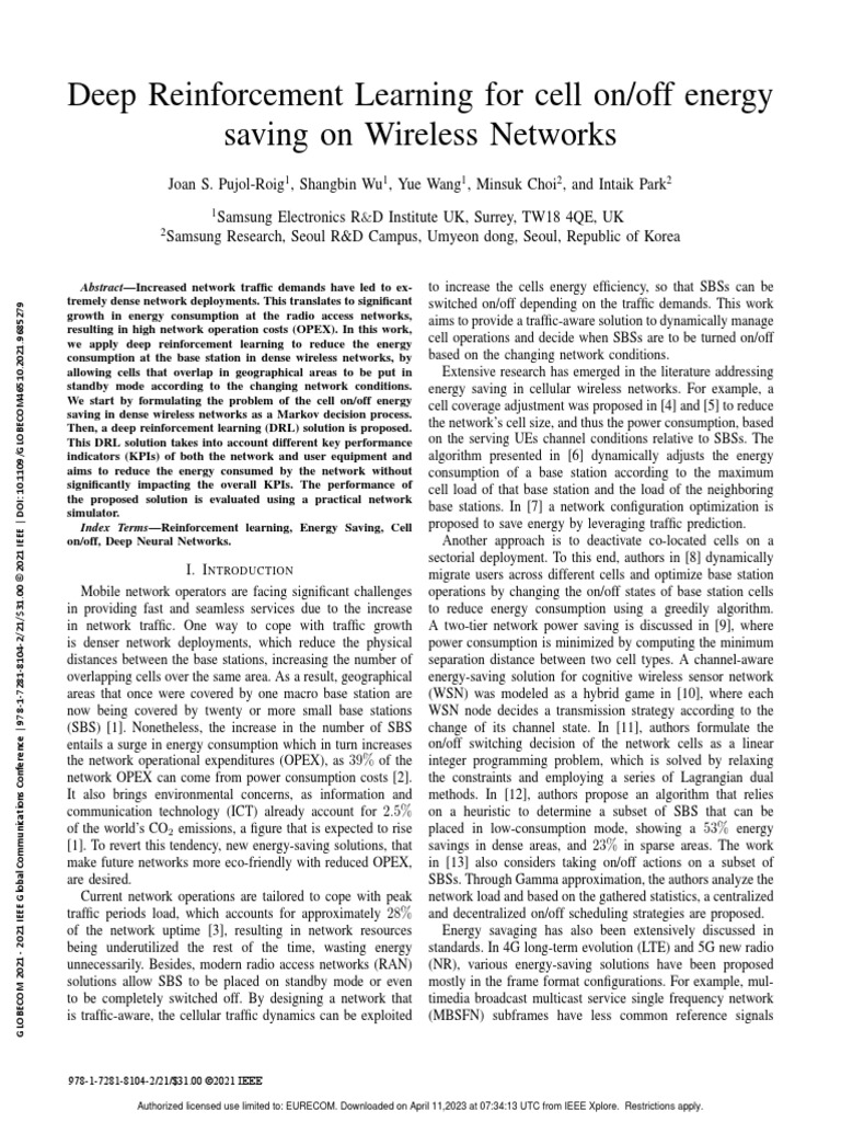 Deep Reinforcement Learning For Cell On/off Energy Saving On Wireless Networks | PDF | Wireless ...