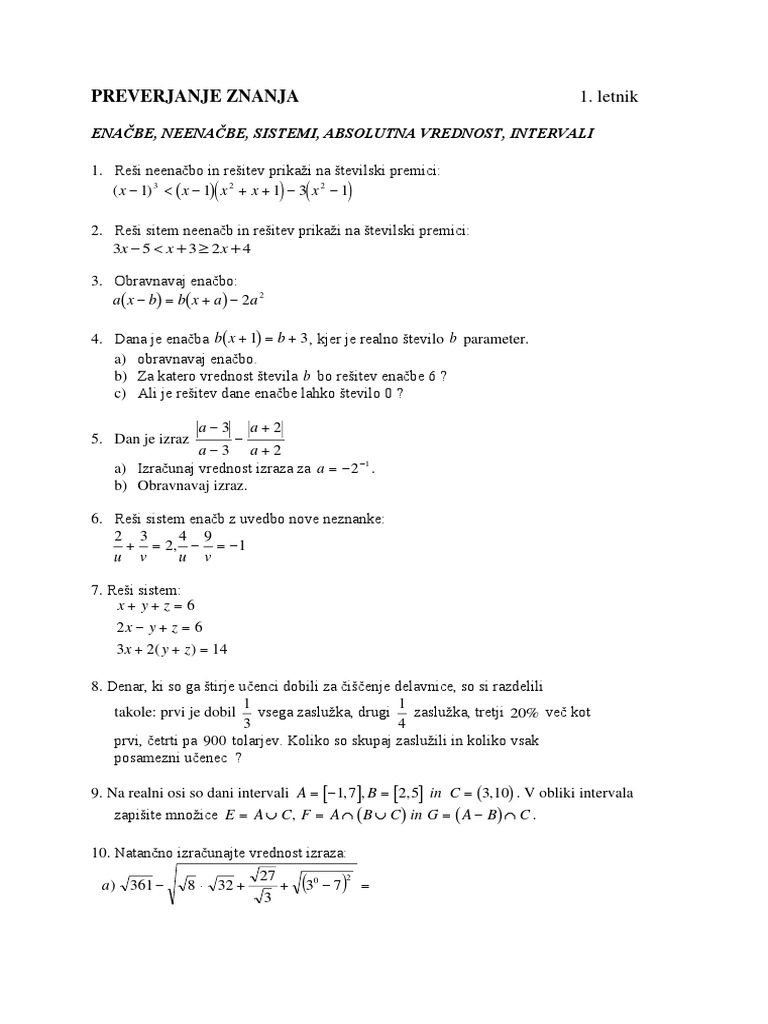 PREVERJANJE ZNANJA Realna Števila 1 | PDF
