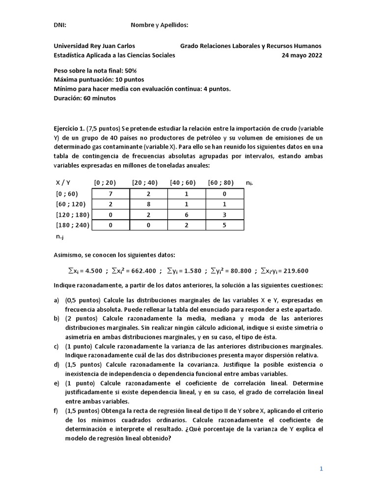 EXAMEN Mayo 2022 | PDF | Regresión lineal | Mínimos cuadrados ordinarios