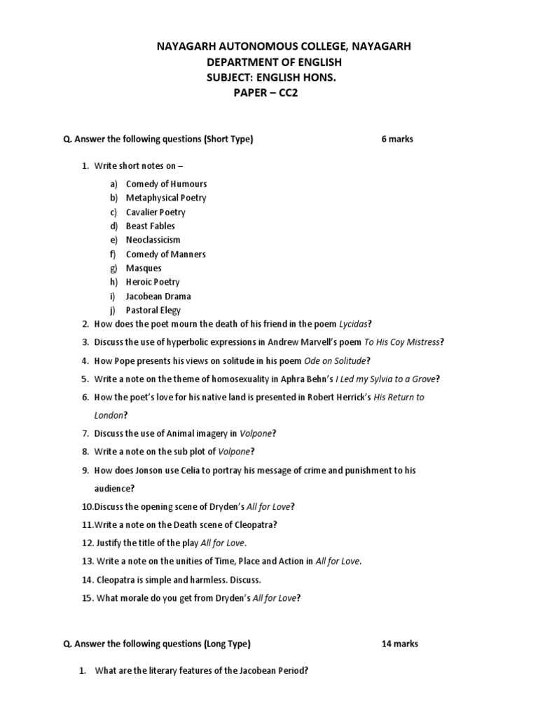 English Literature Exam Questions Guide | PDF | John Dryden | Poetry