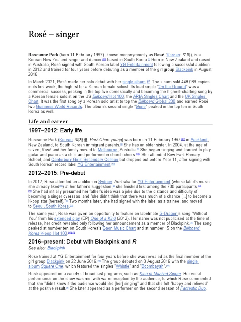 Rosé Singer From Wikipedia Pdf Pop Music