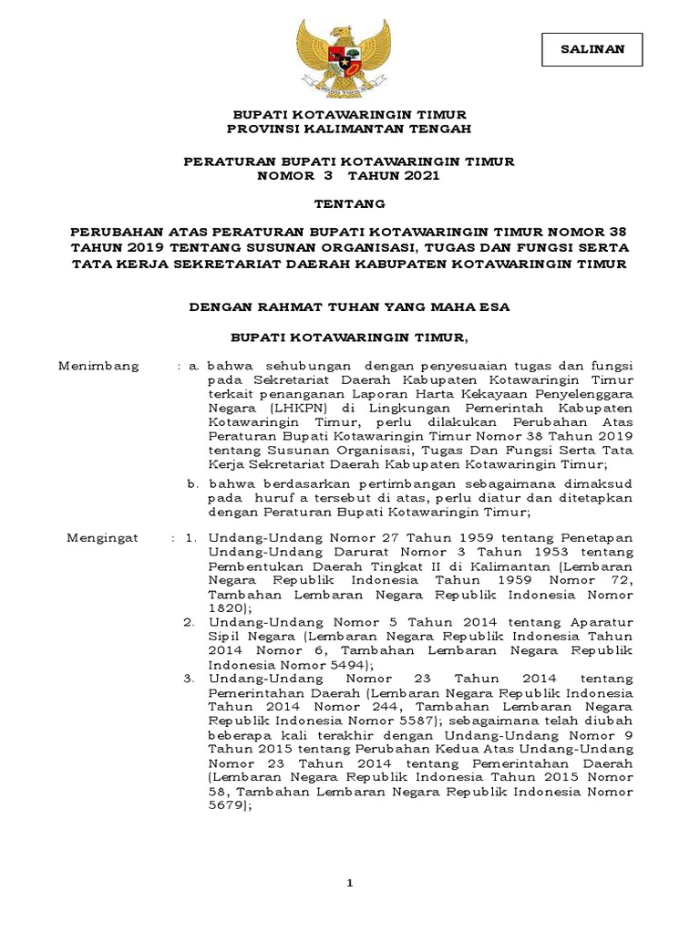Perbup Kotawaringin Timur Nomor 3 Tahun 2021 Tentang Perubahan Atas Peraturan Bupati ...