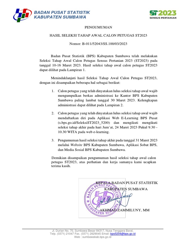 Pengumuman Hasil Seleksi Petugas ST23 | PDF