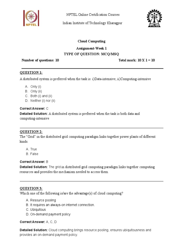 Cloud Computing Assignment-Week 1 Type of Question: MCQ/MSQ Number of Questions: 10 Total Mark ...