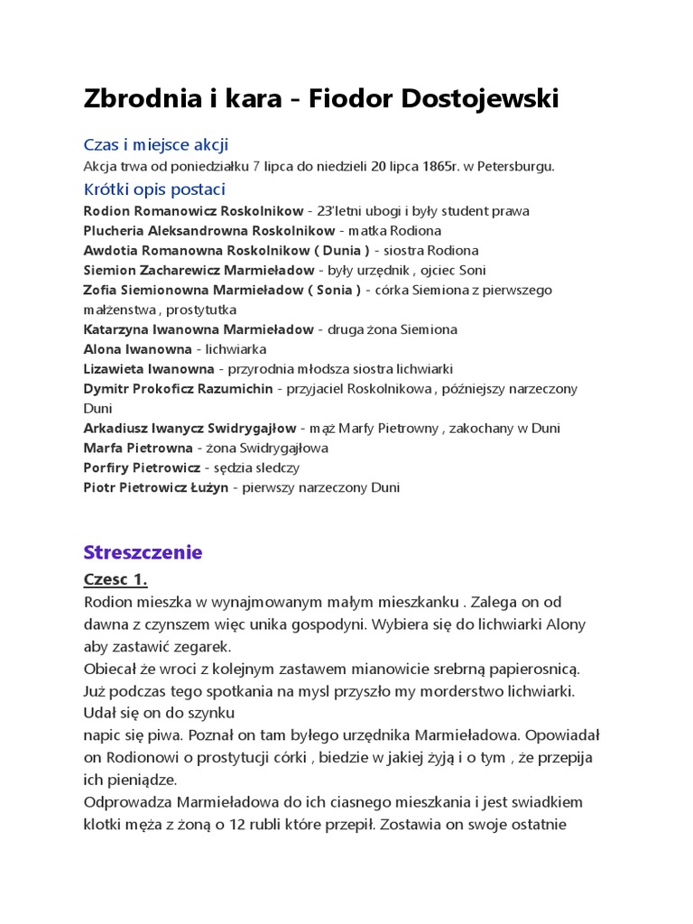 Zbrodnia I Kara - Fiodor Dostojewski: Czas I Miejsce Akcji Krótki Opis Postaci | PDF