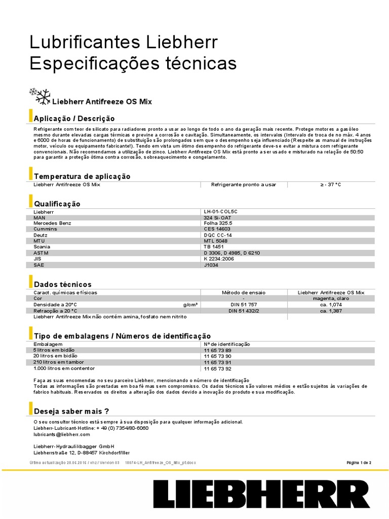Lubrificantes Liebherr Especificações Técnicas: Liebherr Antifreeze OS ...