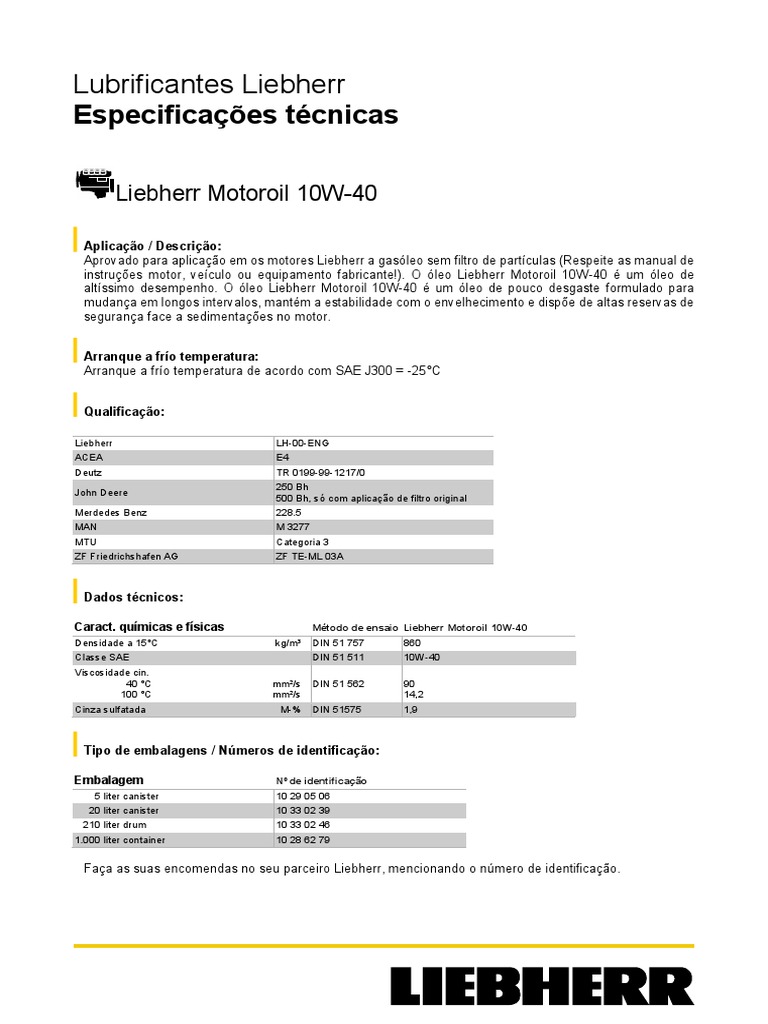 Lubrificante Liebherr Motoroil 10W-40 | PDF | Tecnologia e Engenharia