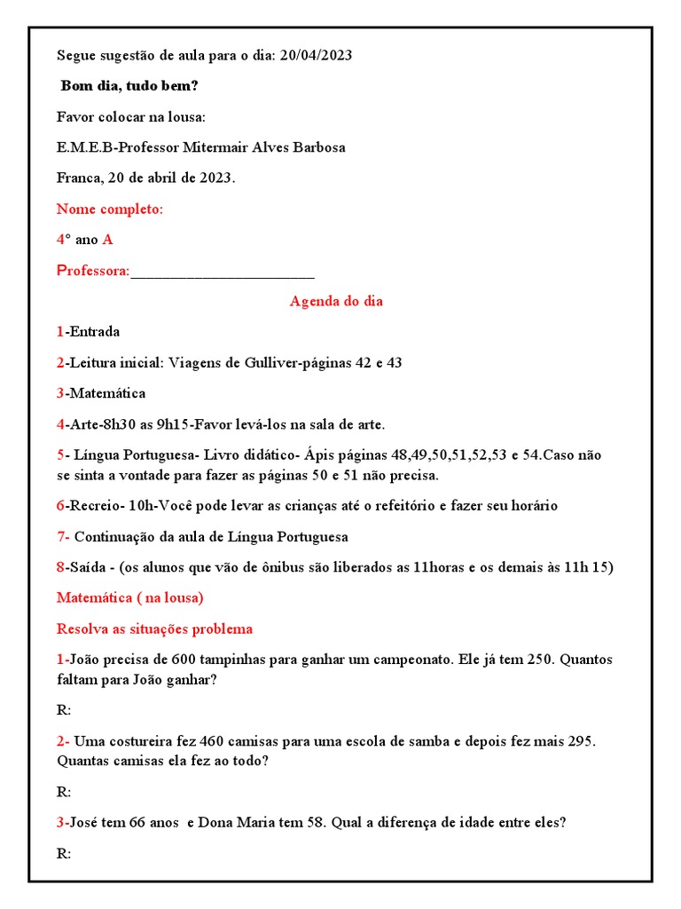 Segue Sugestão de Aula para o Dia | PDF