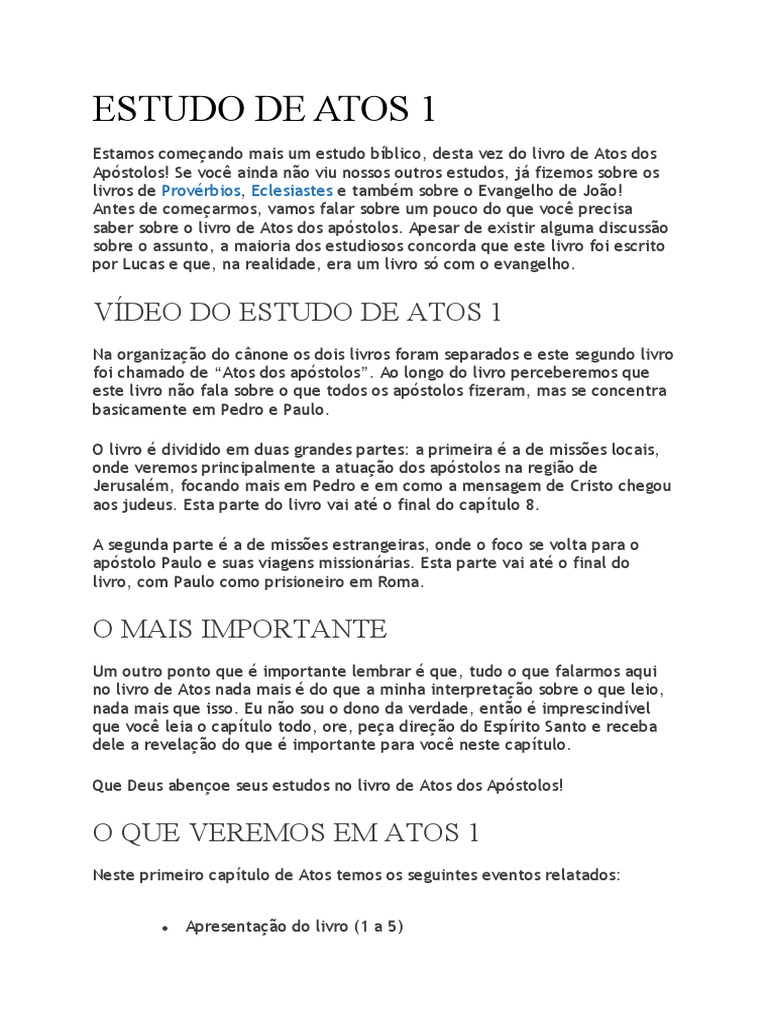 Estudo de Atos 1 | PDF | Atos dos apóstolos | Jesus