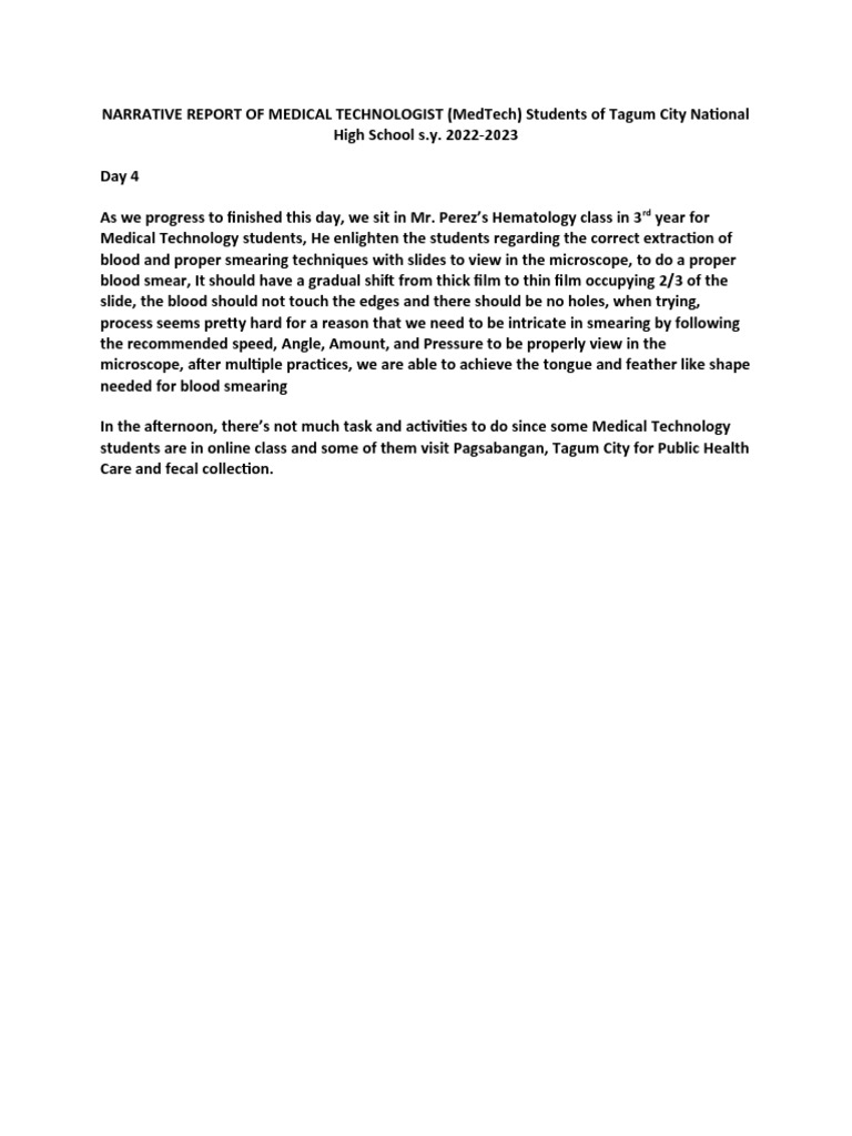 Day 5 Narrative Report of Medical Technologist | PDF
