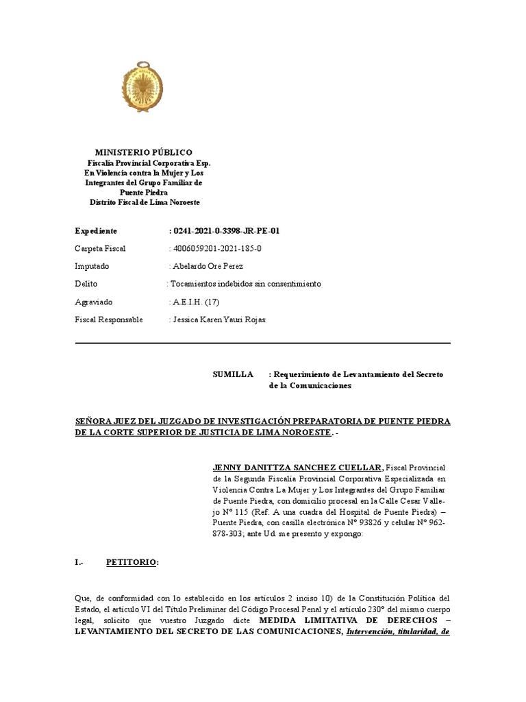 Req. Levantamiento de Secreto de Comunicaciones Modelo 185-2021 | PDF | Castigos | Derecho penal