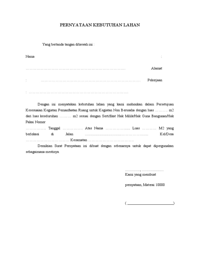 Surat Pernyataan Kebutuhan Lahan PKKR Non Berusaha | PDF