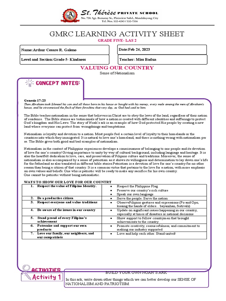 GMRC Learning Activity Sheet: Valuing Our Country | PDF | Prayer ...