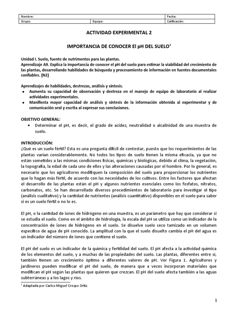 Actividad Experimental 2 Importancia de Conocer El PH Del Suelo | PDF | Suelo | Ph
