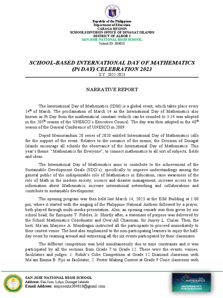 Narrative Report On International Day of Mathematics Celebration 2023 | PDF