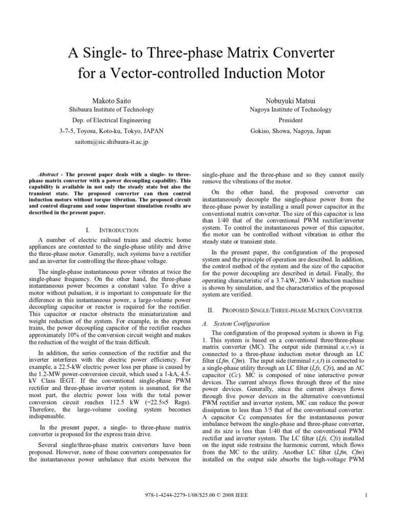 A Single-To Three-Phase Matrix Converter For A Vector-Controlled ...
