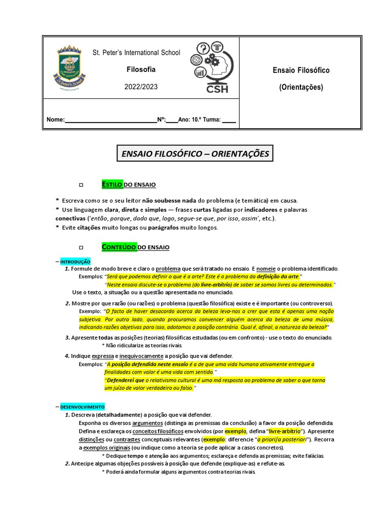 Ensaio Filosófico (Orientações Gerais - Estrutura e Exemplos) | PDF ...