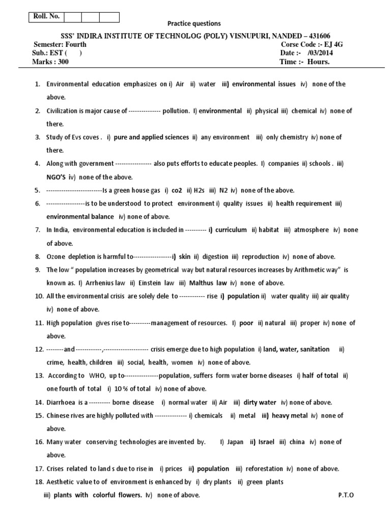 Practice Questions for the Fourth Semester Environmental Science (EST ...