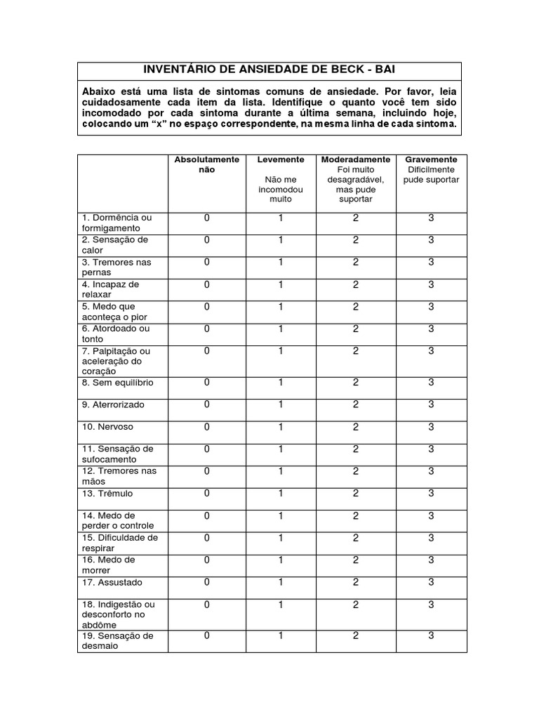 Inventário de Ansiedade de Beck Com Correção | PDF | Ansiedade