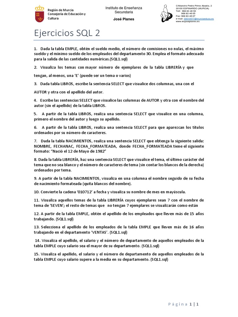 Ejercicios SQL 2 | PDF | SQL