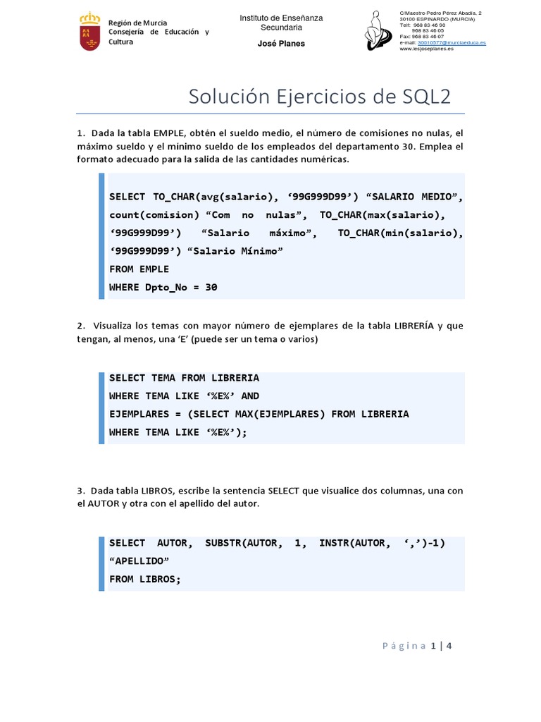 Solución Ejercicios de SQL2 | PDF
