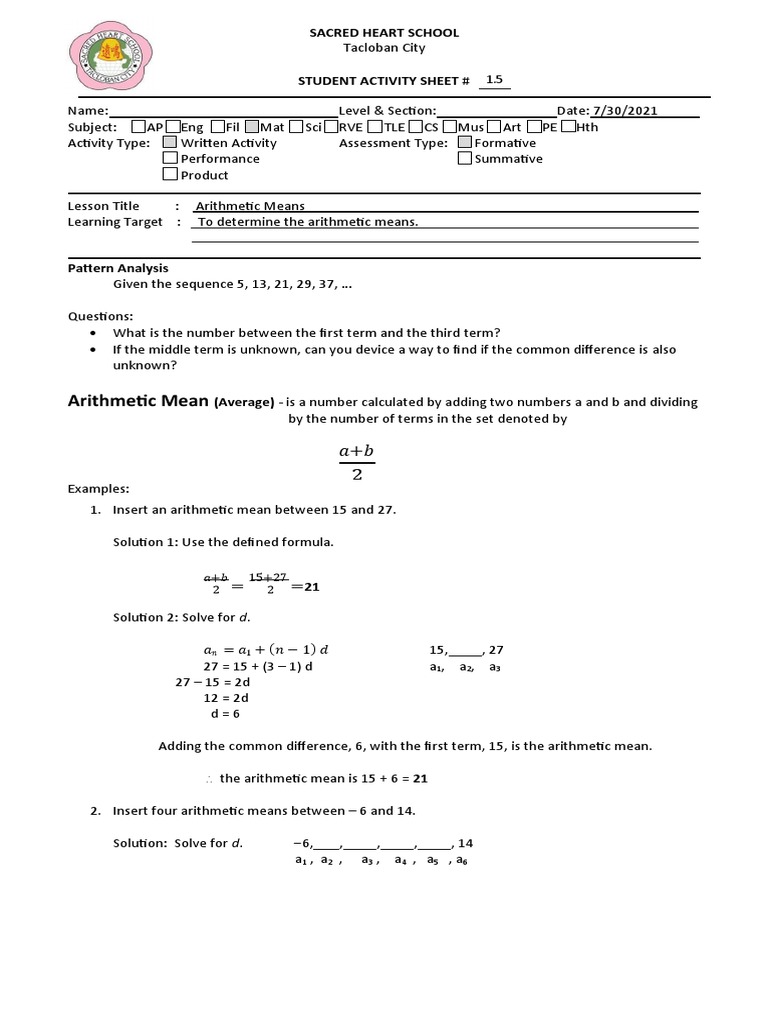 1.5 Arithmetic Means Students WK 2 | PDF | Mean | Arithmetic