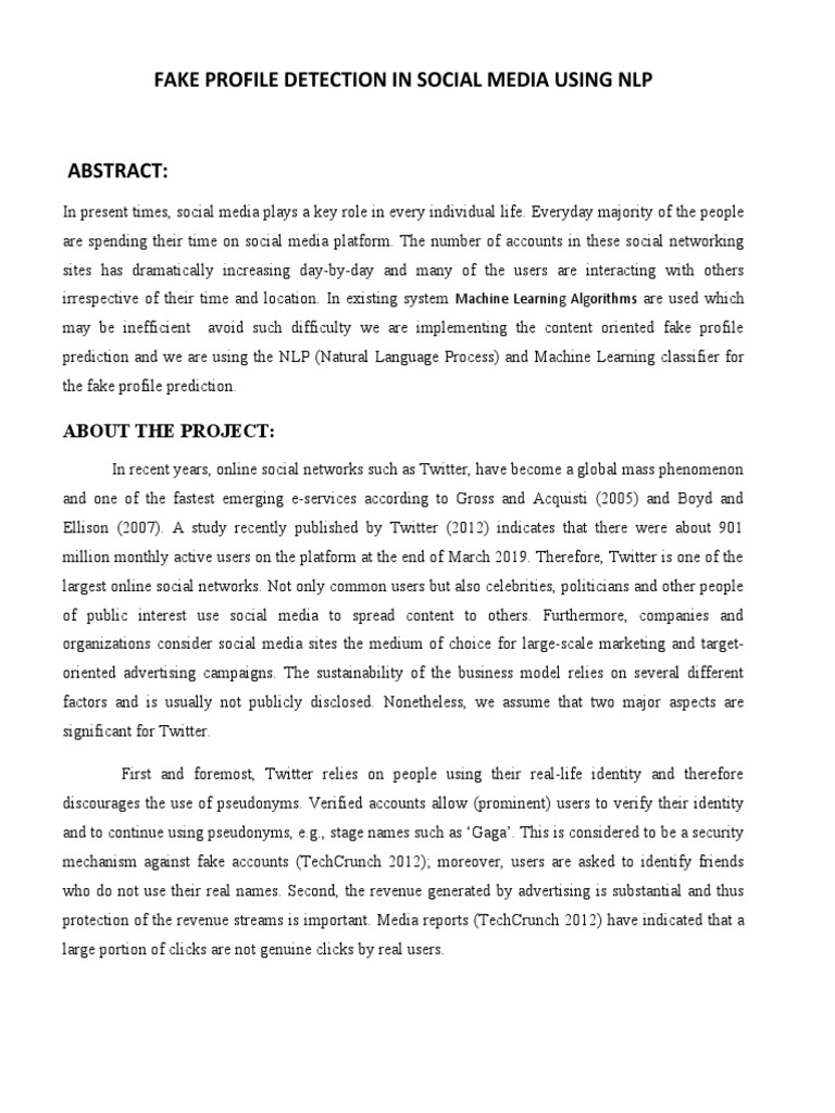 Fake Profile Detection in Social Media Using NLP: About The Project ...