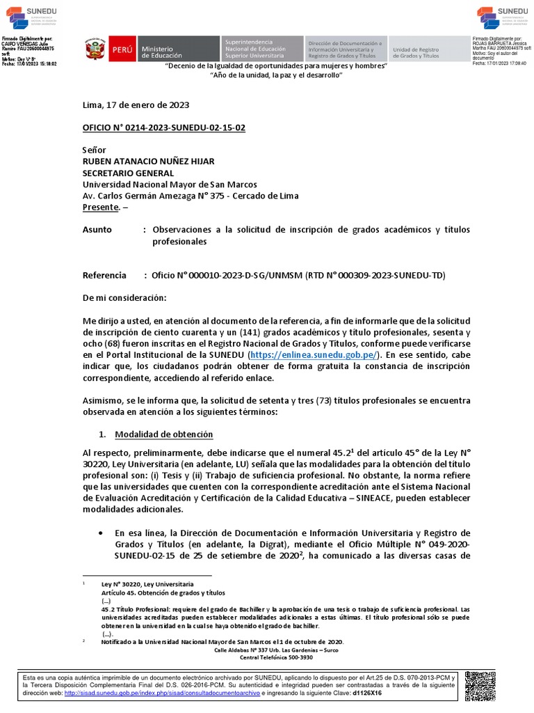 Oficio #0214-2023-Sunedu-02-15-02 | PDF | Educación más alta | Titulo academico