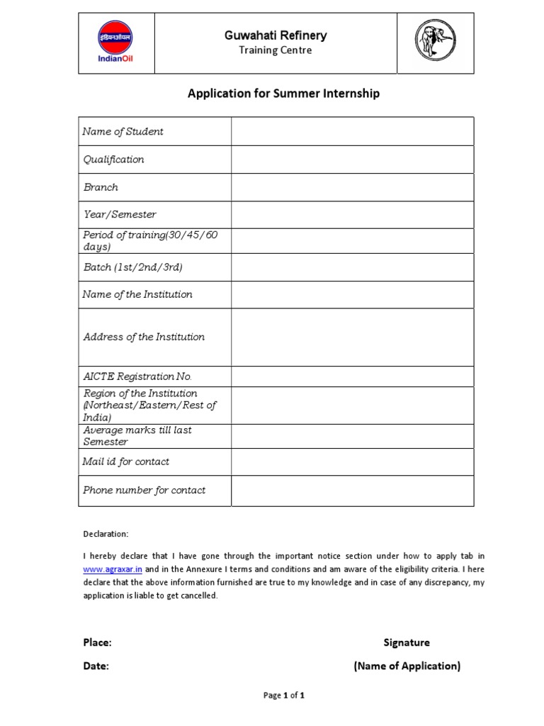 Application For Summer Internship | PDF