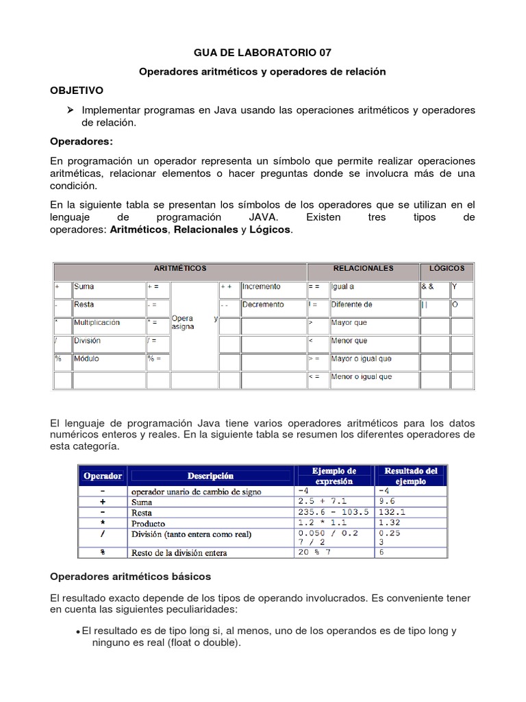 Java operadores aritméticos y relacionales | PDF | División ...