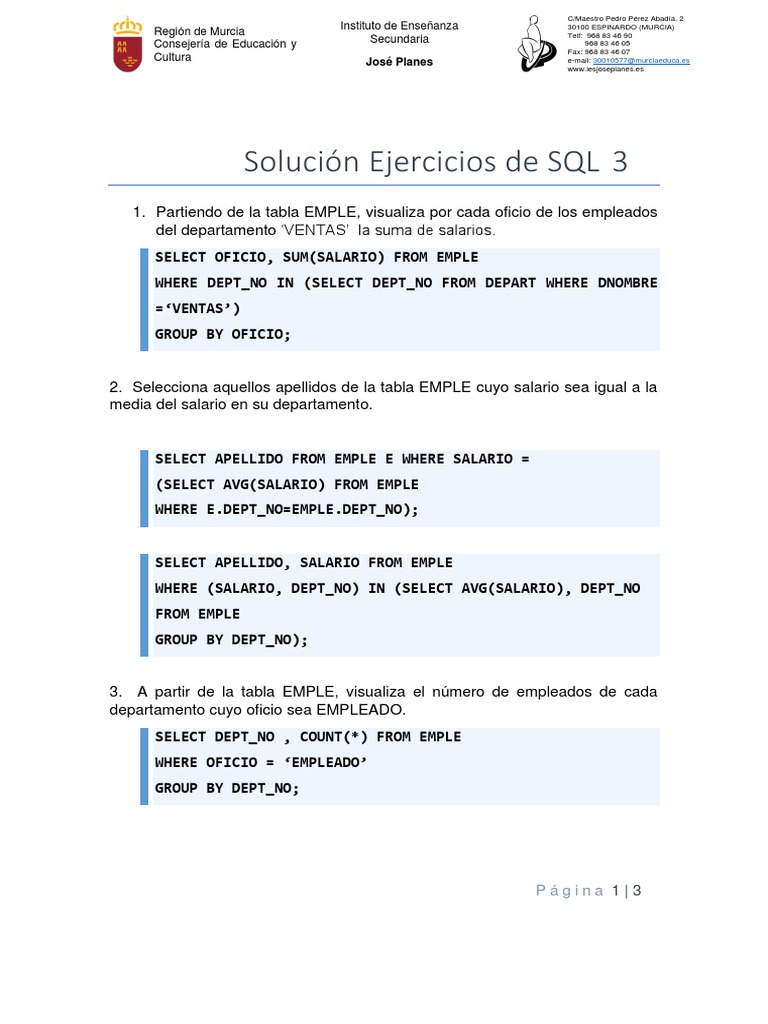 Solución Ejercicios de SQL 3 | Descargar gratis PDF | SQL | Bases de datos