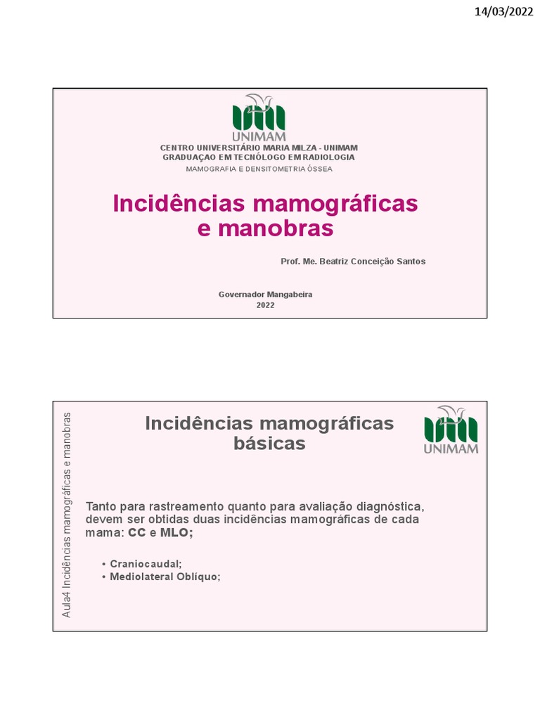Aula 4 Incidências Mamográficas e Manobras PDF | PDF | Seio | Câncer de mama