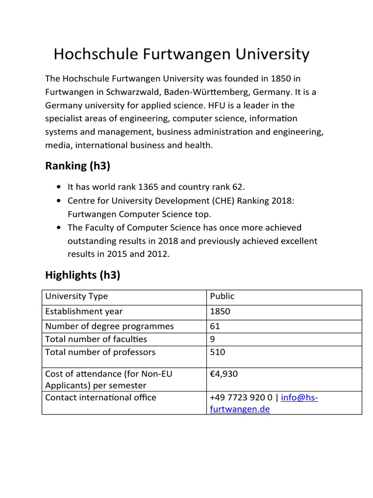 Hochschule Furtwangen University Overview | PDF | Cost Of Living ...