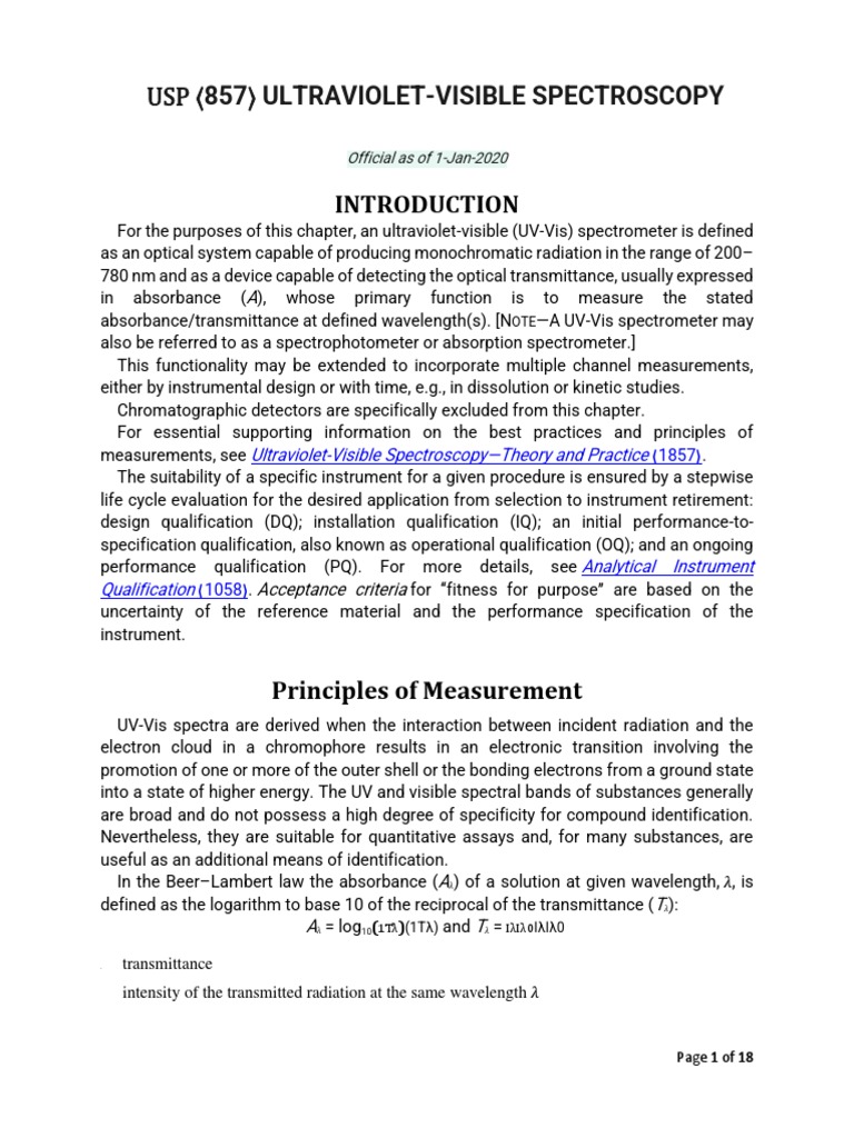 USP-857-ULTRAVIOLET-VISIBLE-SPECTROSCOPY | PDF | Ultraviolet–Visible Spectroscopy | Absorbance