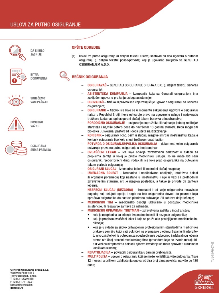 Uslovi Za Putno Osiguranje: Opšte Odredbe | PDF