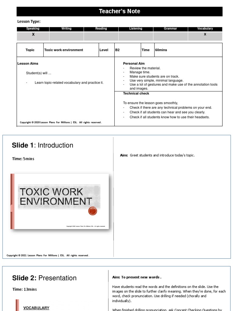 TEACHERS GUIDE Toxic Work Environment | PDF | Lesson Plan | English As ...