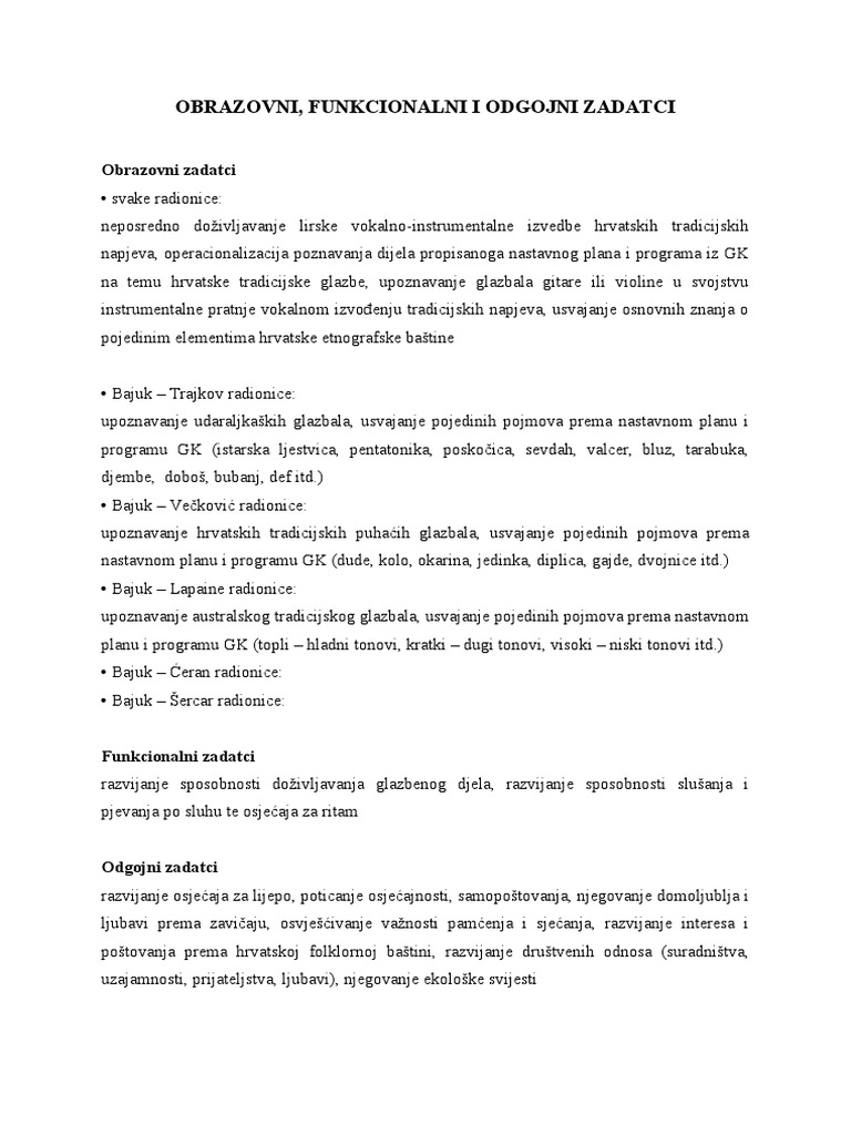 Obrazovni, Funkcionalni I Odgojni Zadatci | PDF