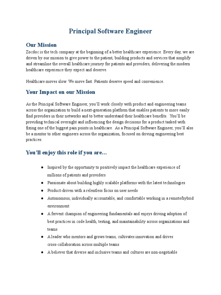 Jd-Principal Software Engineer | PDF | Health Care | Engineering
