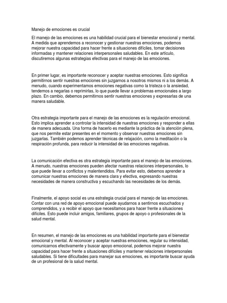 Manejo De Emociones Es Crucial Pdf Las Emociones Psicología Cognitiva