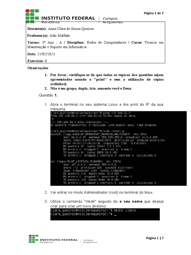 Exercício de Redes de Computadores | PDF | Linux | Rede de computadores