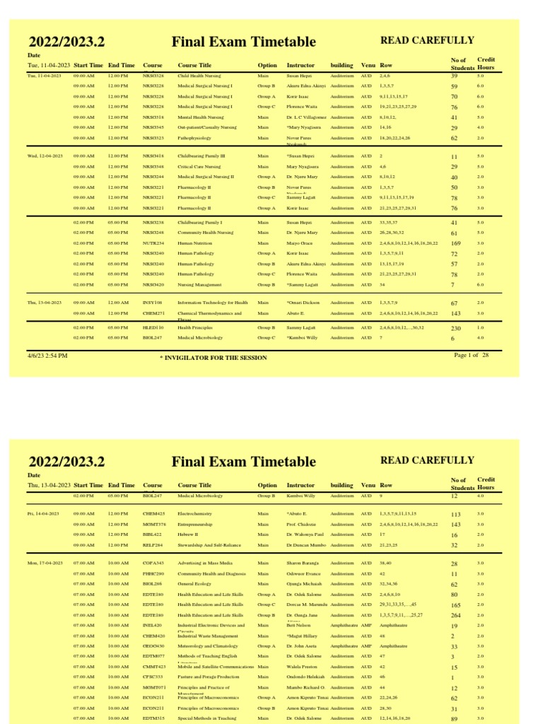 Final Exam Time Table and Seating Arrangements | Download Free PDF ...