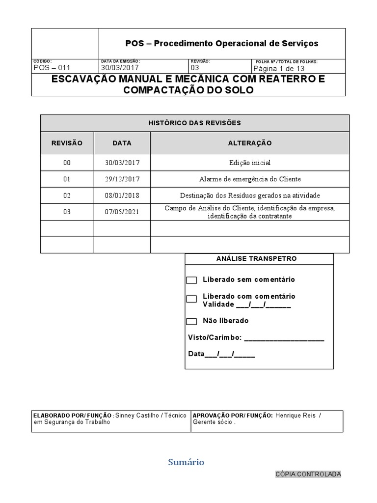 POS 011 - Escavação Manual e Mecânica Com Reaterro e Compactação Do ...