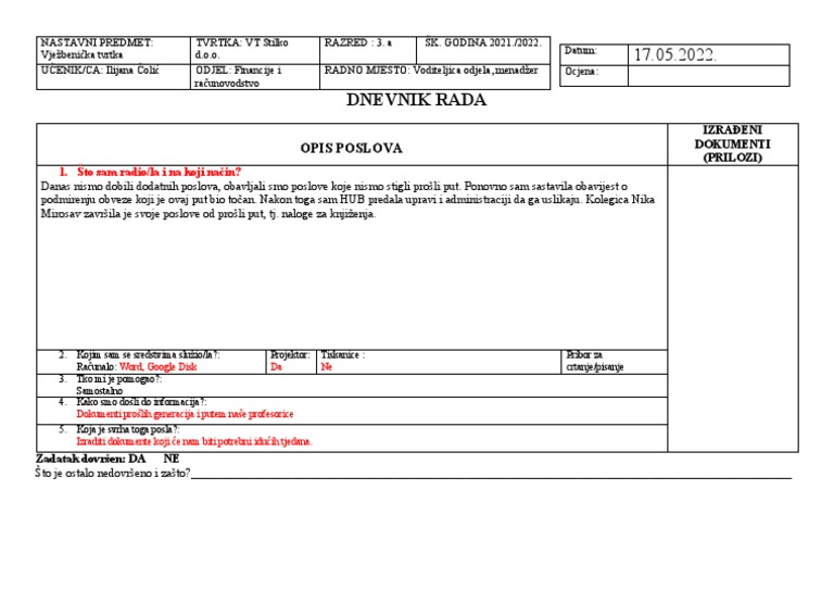 Dnevnik Rada: Opis Poslova | PDF