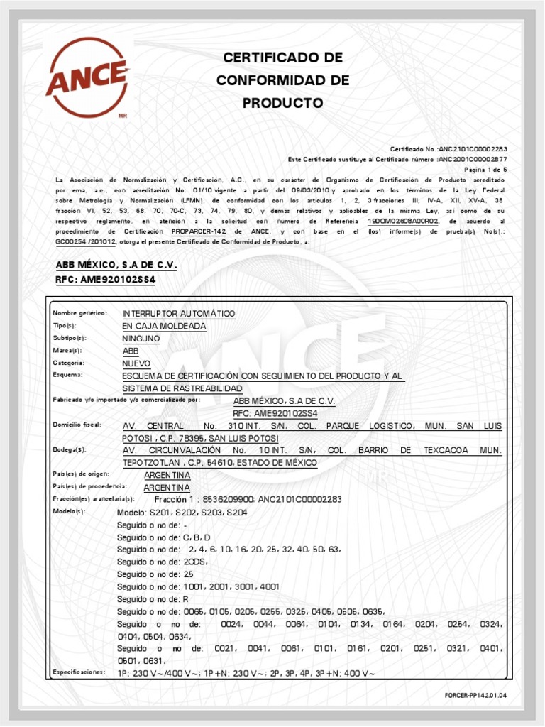 Certificado de Interruptor c201 | PDF