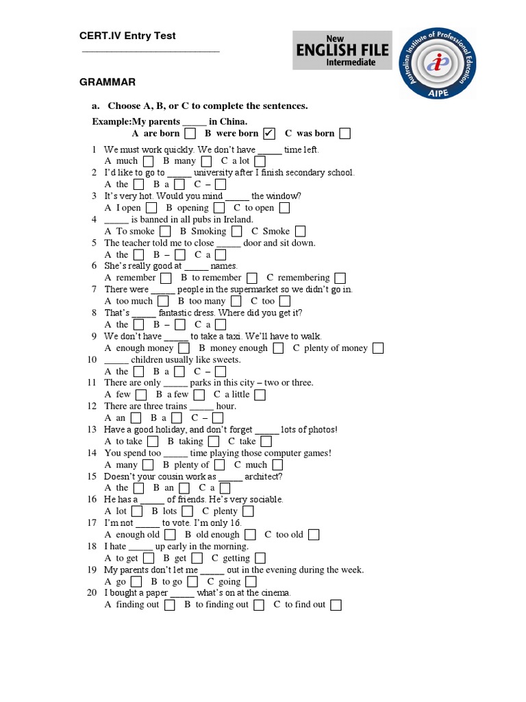 Grammar-Vocabulary Test - Cert IV Students Only | PDF | Nature ...
