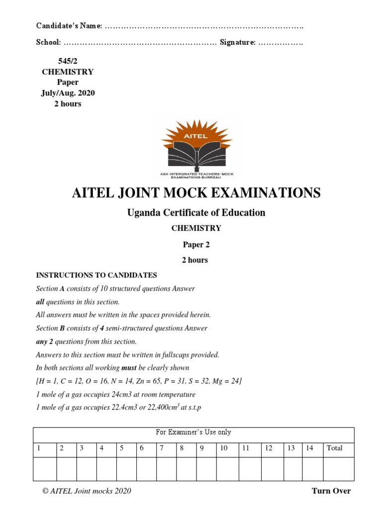 Aitel Joint Mock Examinations: 545/2 Chemistry Paper July/Aug. 2020 2 ...