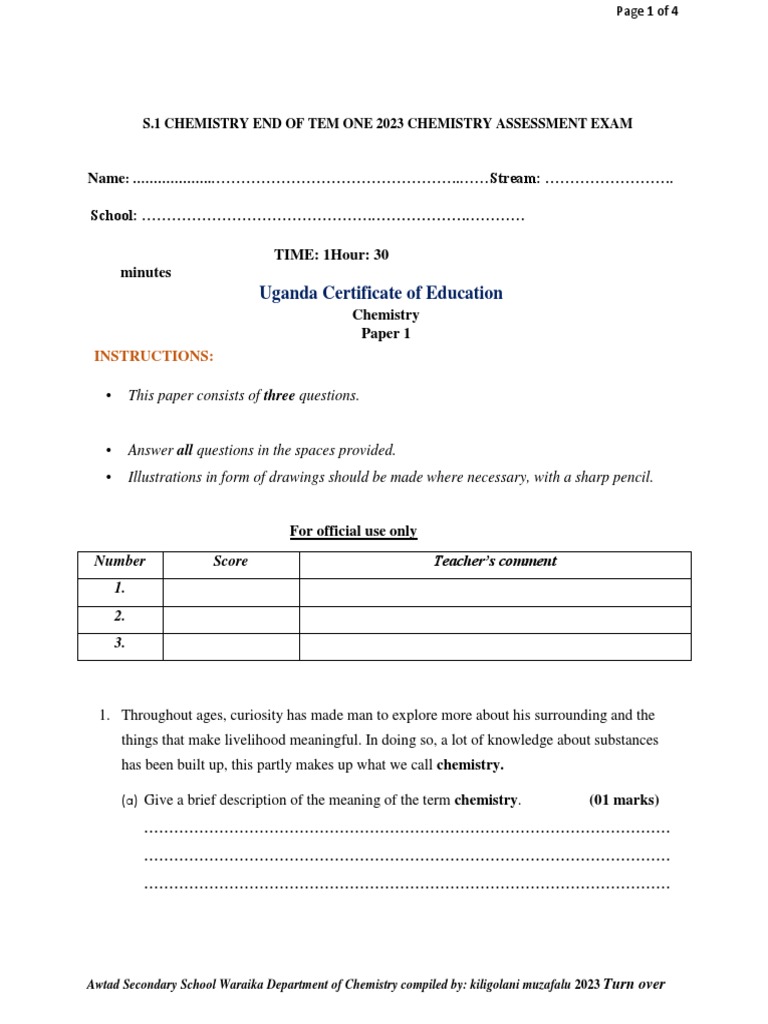 Uganda Certificate of Education: Instructions | PDF | Chemistry ...