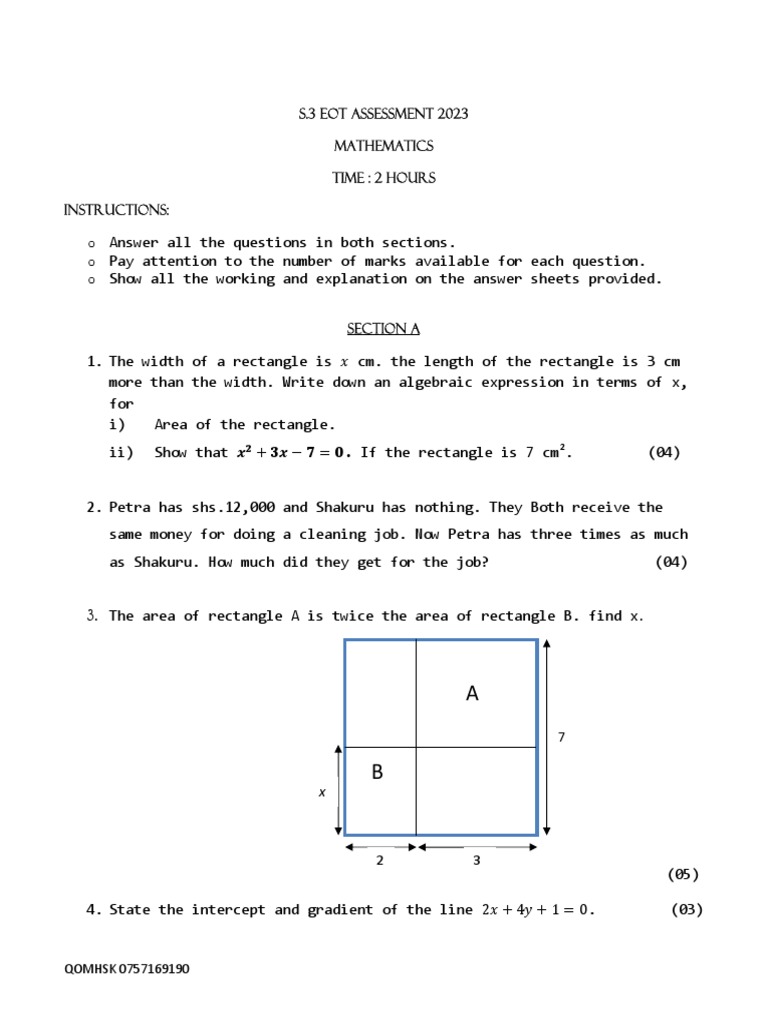 S.3 Eot Assessment 2023 Mathematics TIME: 2 Hours Instructions | PDF | Mathematics