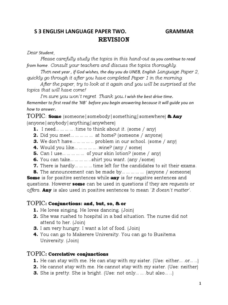 S 3 English Language Paper Two. Grammar Revision | PDF | Syntax | Language Mechanics