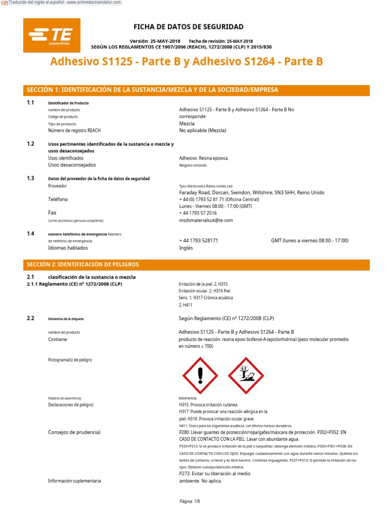 S1125 Adhesive - Part B | PDF | Agua | Toxicidad